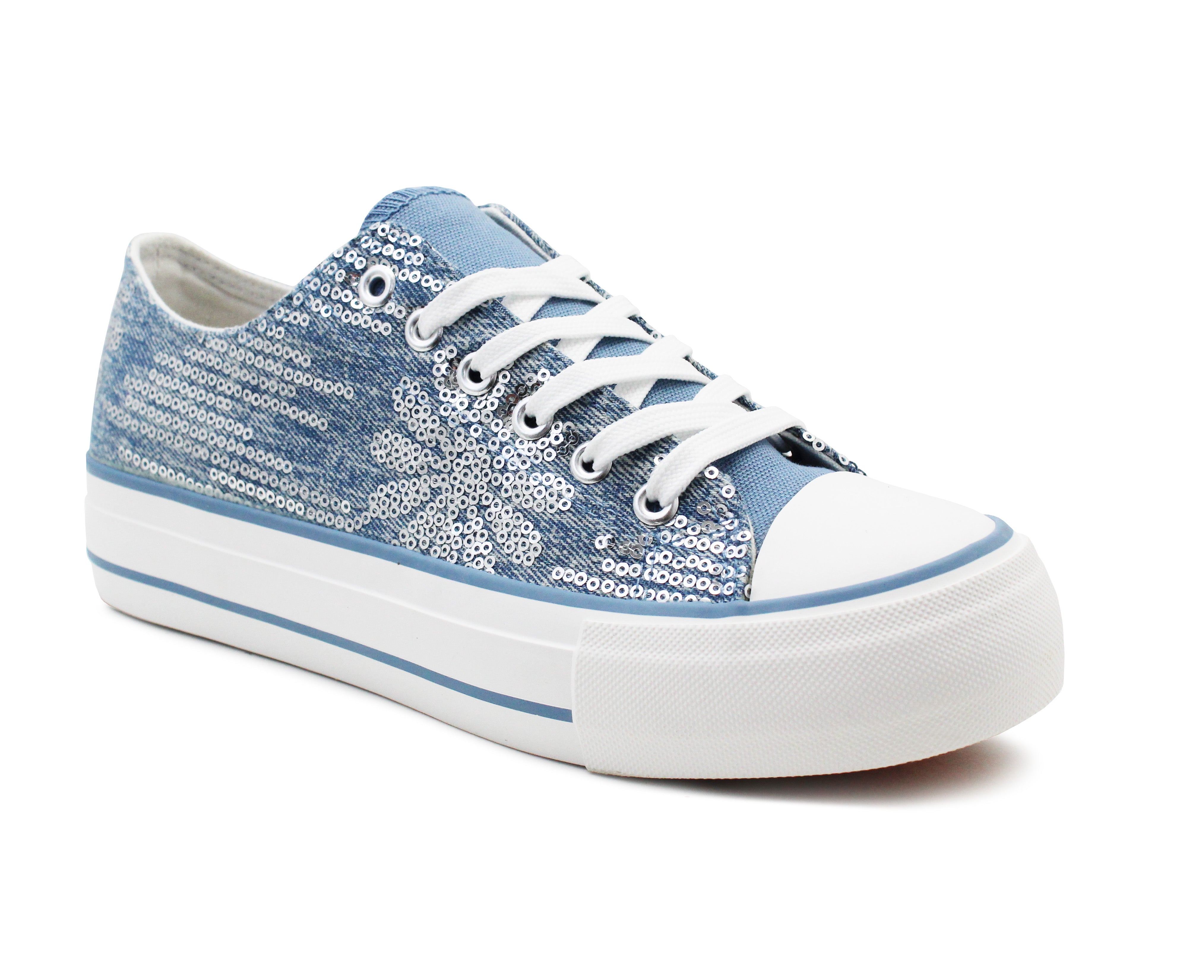 Womens Canvas Sparkly Blue Sequin Trainers Lace Up Glitter Chunky Sole ...