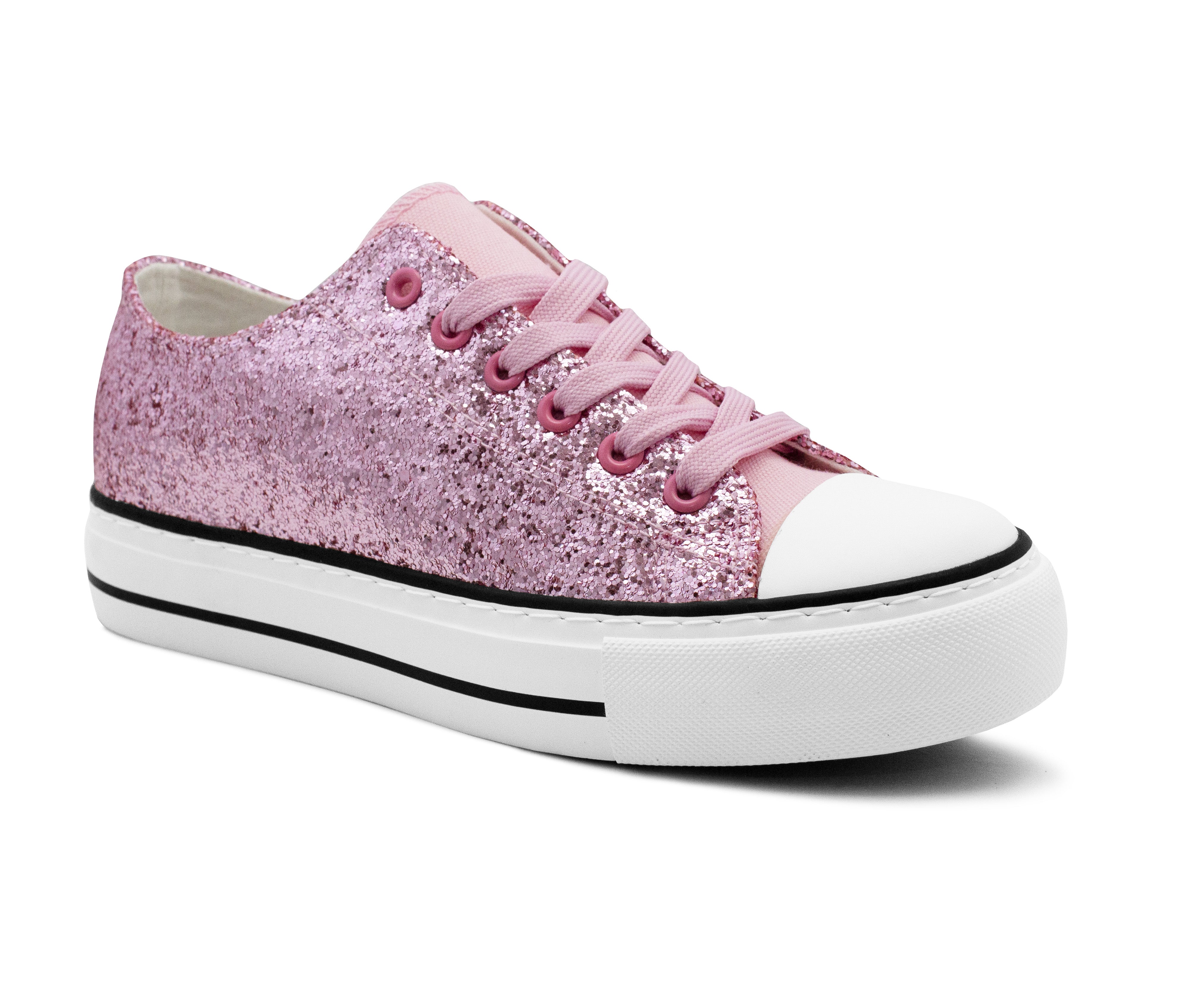 Womens Canvas Sparkly Pink Glitter Trainers Lace Up Glitter Chunky Sol ...